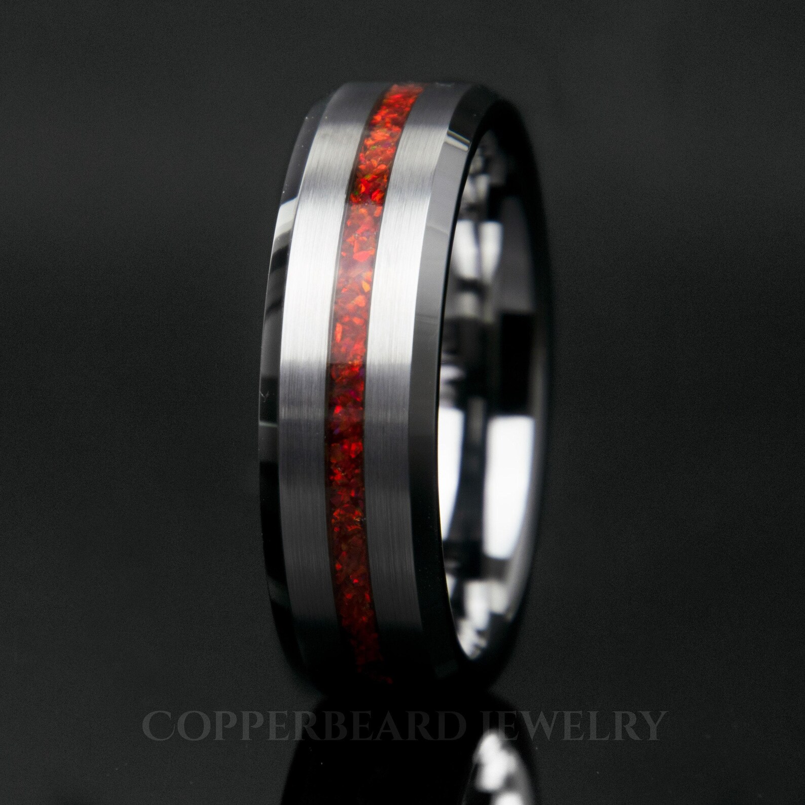 Tungsten Ruby Red Opal Ring | Thin Channel | Red Opal Inlay | Opal Ring ...