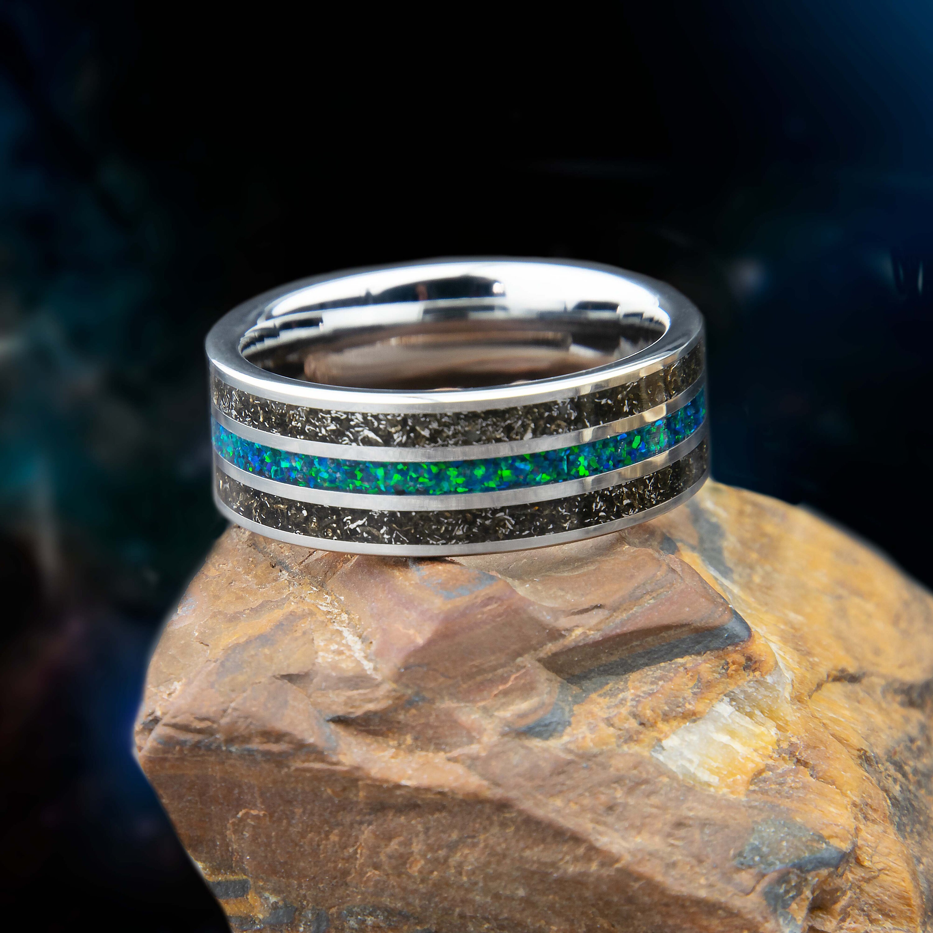 Meteorite and Opal Tungsten Ring Three Channel Meteorite - Etsy
