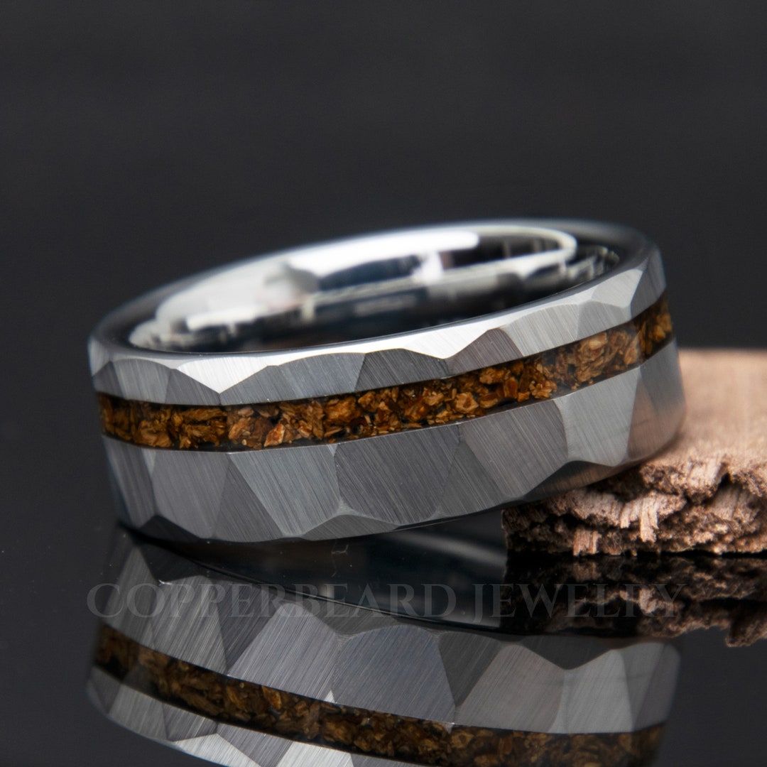 Dinosaur Bone Ring | Men's Engagement Ring | Faceted Hammered Tungsten Band | Jurassic Fossil ...