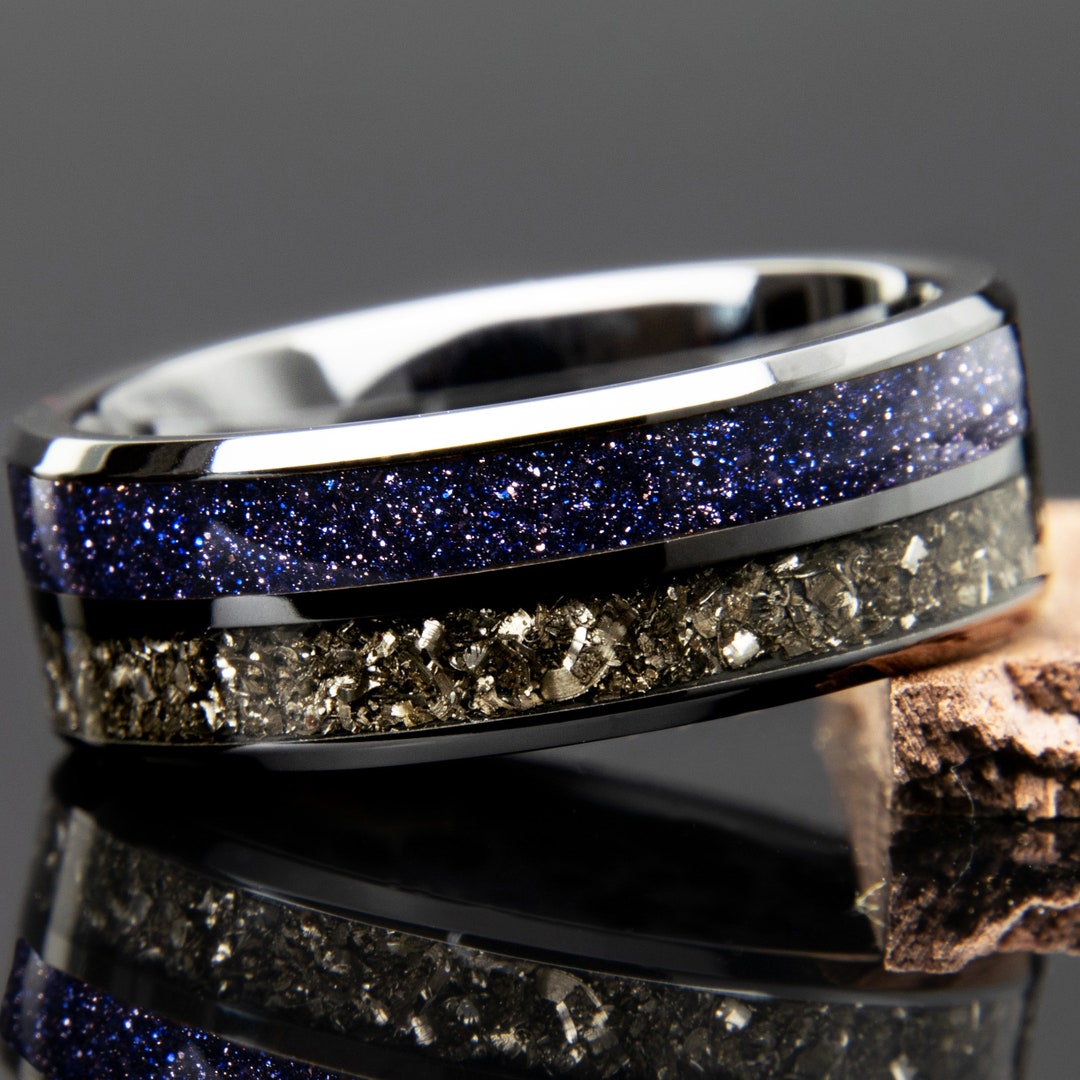 Blue Sandstone and Meteorite Black Ceramic Ring | Mens Wedding Band ...