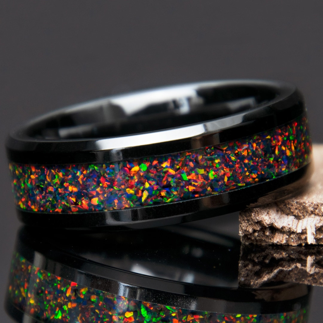 Black Fire Opal Ring | Opal Wedding Band | Opal Eternity Ring | Black ...