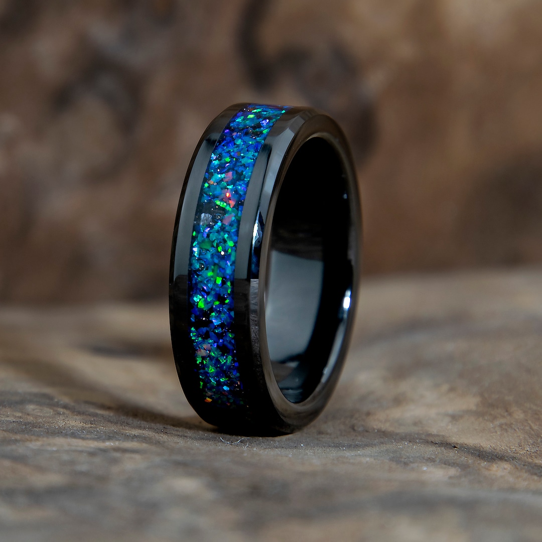 Cosmos Black Ceramic Ring | Ceramic Band | Opal Cosmic Ring | Eclectic ...