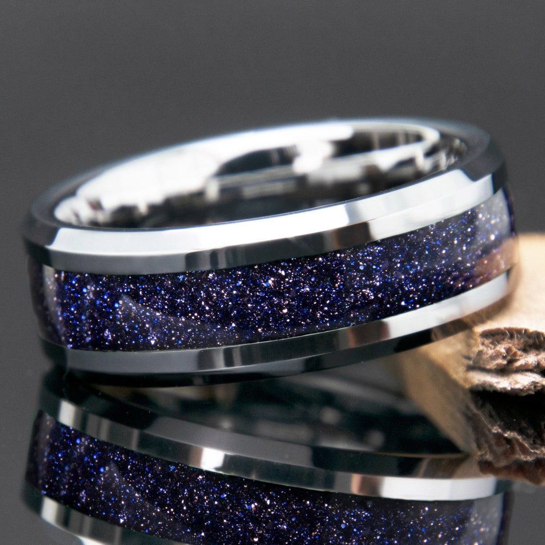 Tungsten Blue Sandstone Ring | Goldstone Wedding Band | Blue Goldstone ...