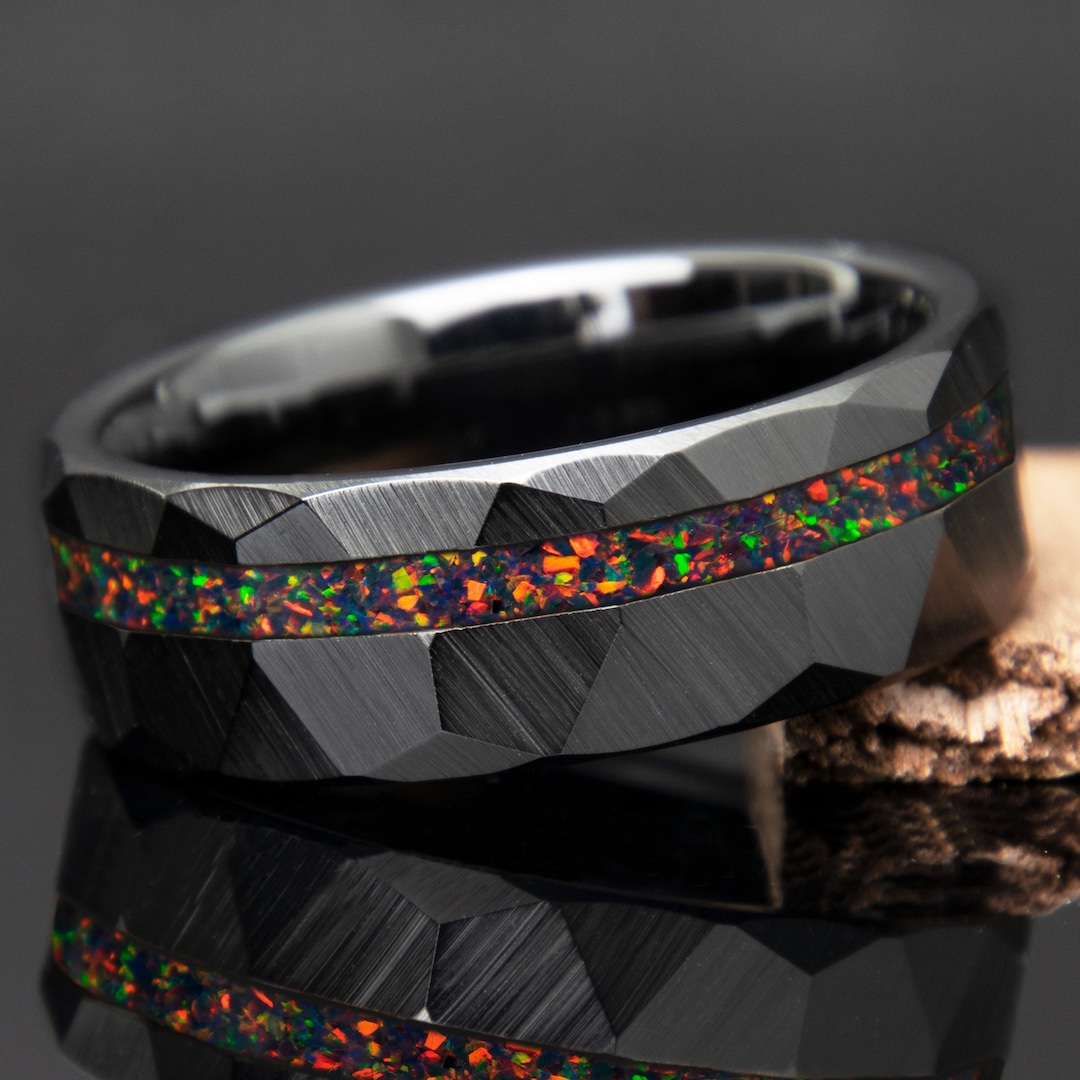 Black Fire Opal Mens Wedding Band | Mens Promise Ring | Black Ceramic ...
