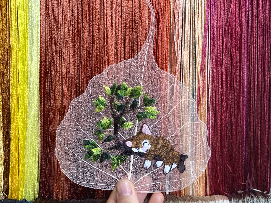 COMPLETED. Hand Embroidery on Natural Bodhi Skeleton Leaves - Cute Cat ...