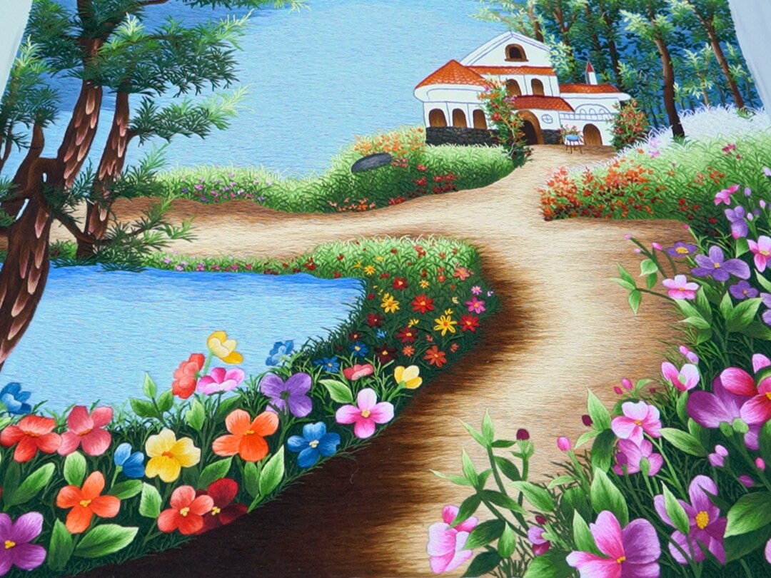 COMPLETED Embroidery Artwork (unframed) - Charming Flower House Design ...