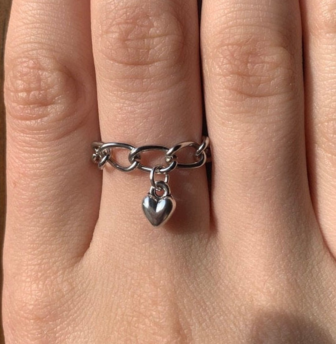 Chain Ring Drop Heart Charm/ Silver Thick Chain Heart Charm Ring - Etsy