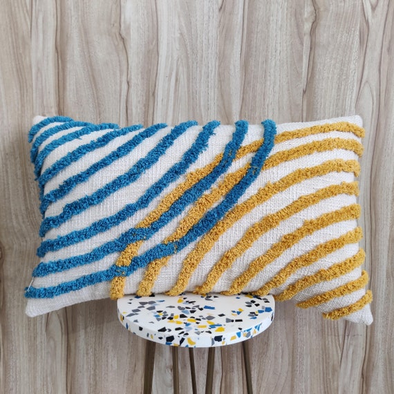 Blue & Mustard Yellow Abstract Tufted Textured Cotton 14x20 - Etsy
