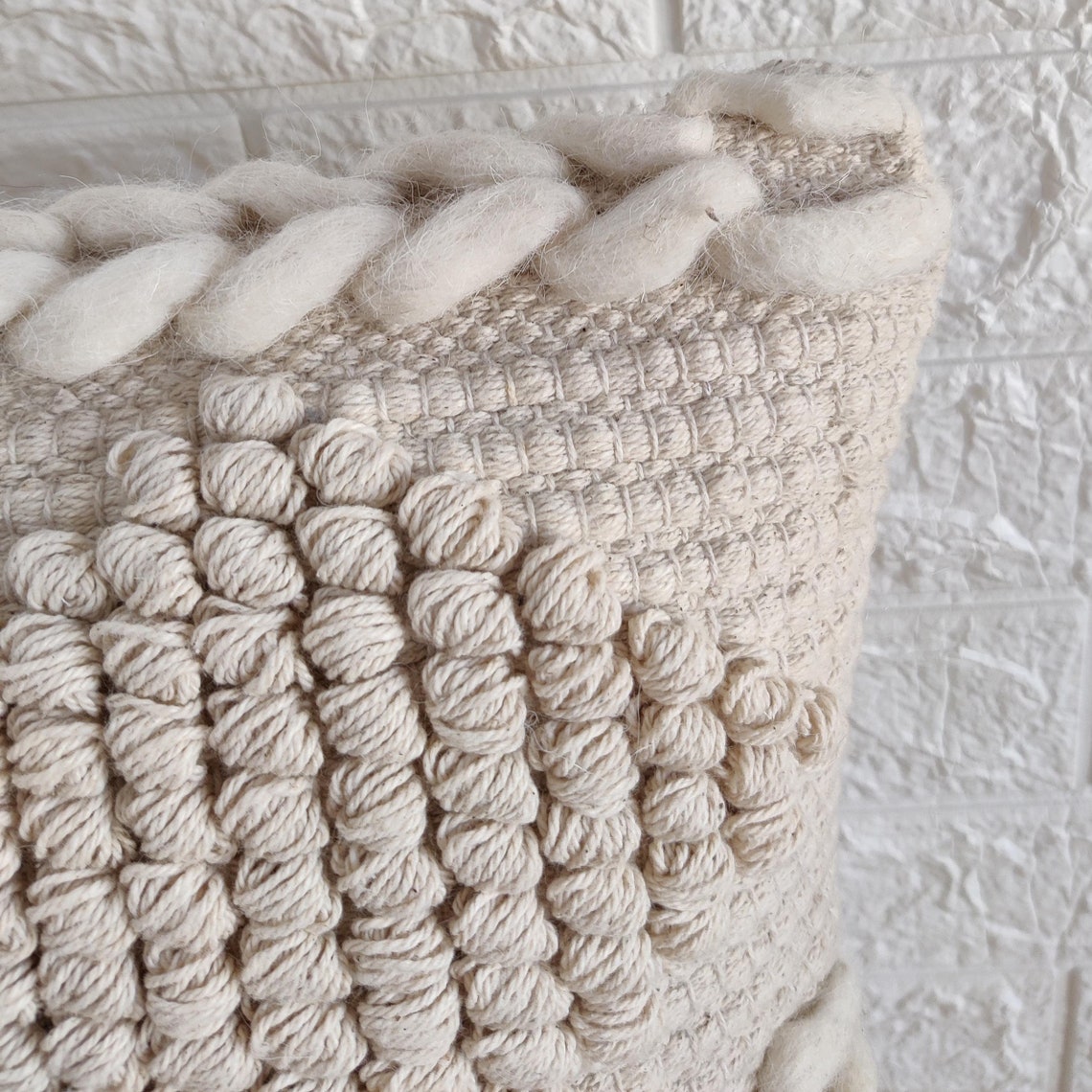 Handloom Woven Cotton & Wool Textured Cushion Cover 18"x18" Inches ...