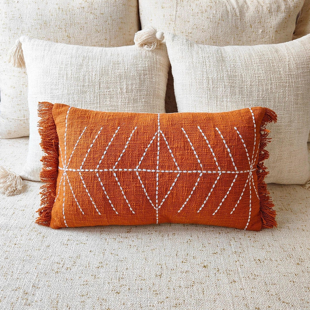 Rust Orange Hand Kantha Embroidered Tufted Textured Cushion Cover 12x20 ...