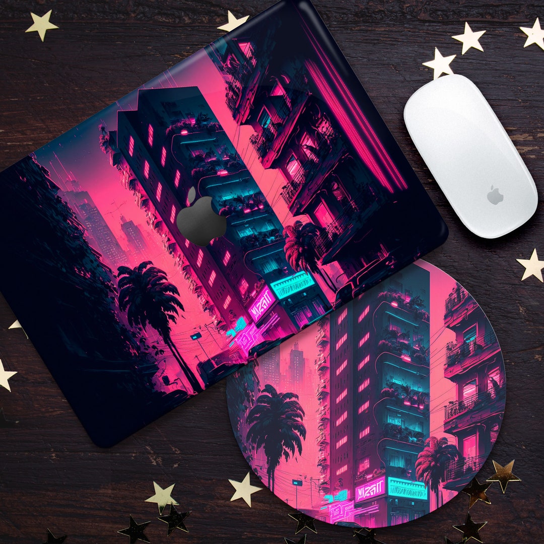 Neon City Laptop Case, Pink Lights, Anime Style (fits MacBook Models ...
