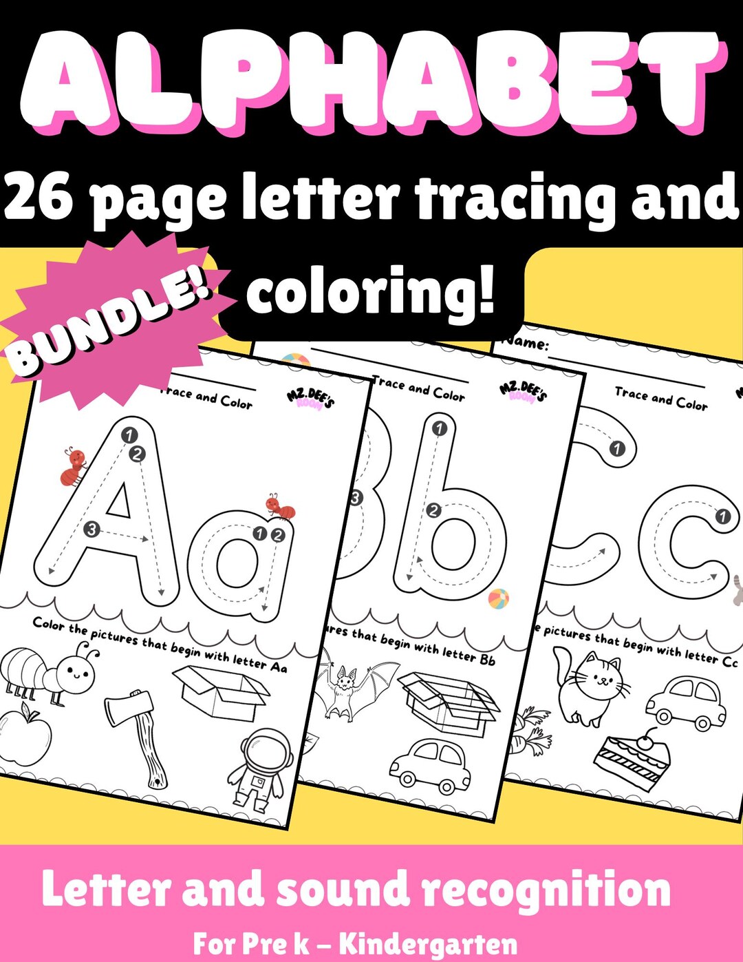 Alphabet Tracing & Coloring Fun! 26-page Worksheet Bundle With Cute ...