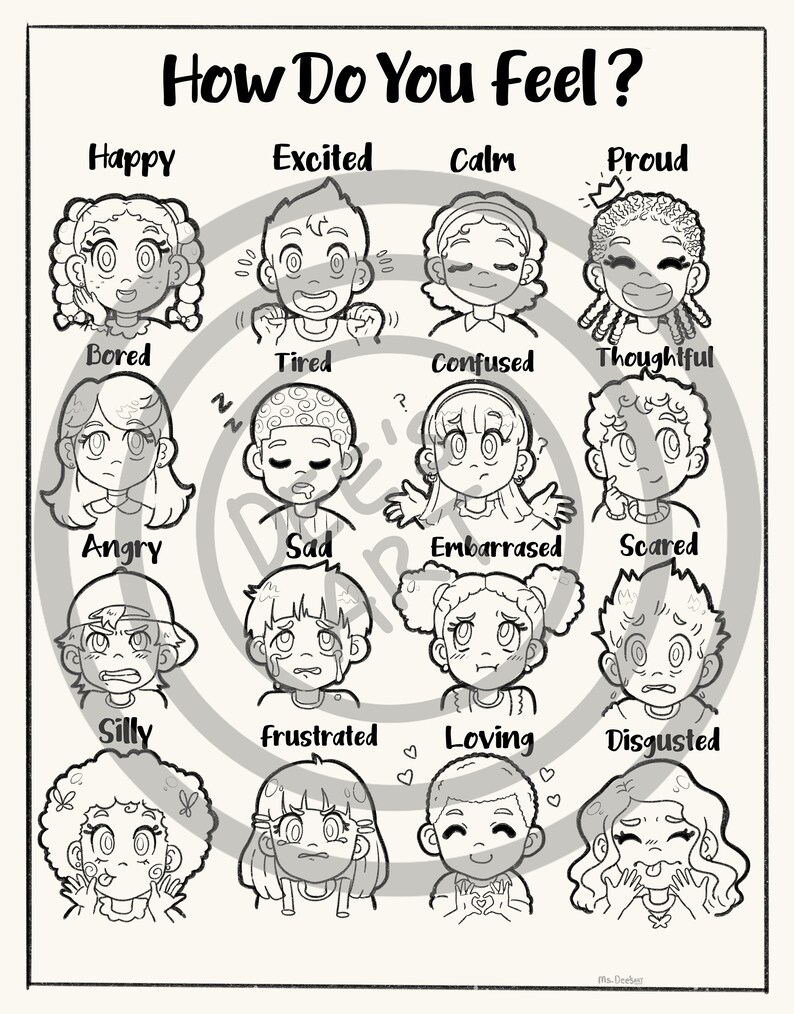 How Do You Feel? 16 Childrens Emotion Identification Chart Poster(black ...
