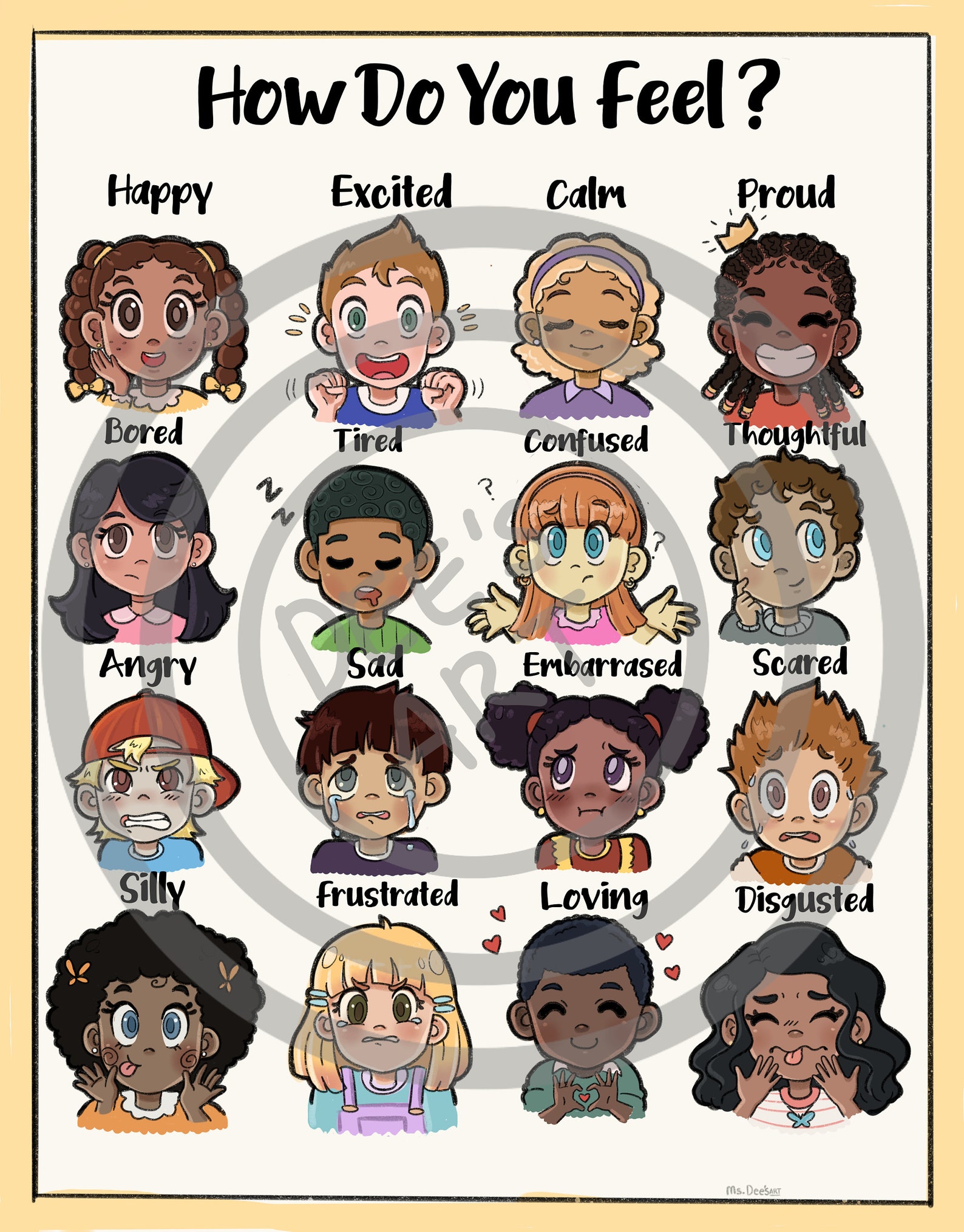 How Do You Feel? 16 Childrens Emotion Identification Chart Poster(black ...