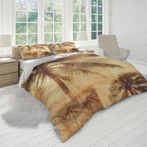 Palm Trees Duvet Cover Set With Pillowcases, Contemporary Art Brown ...