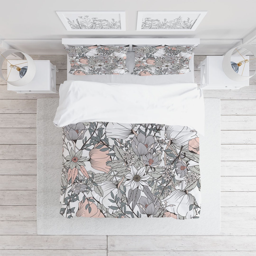 Pencil Drawing Rose Duvet Cover Set With Pillowcases, Gray Floral ...