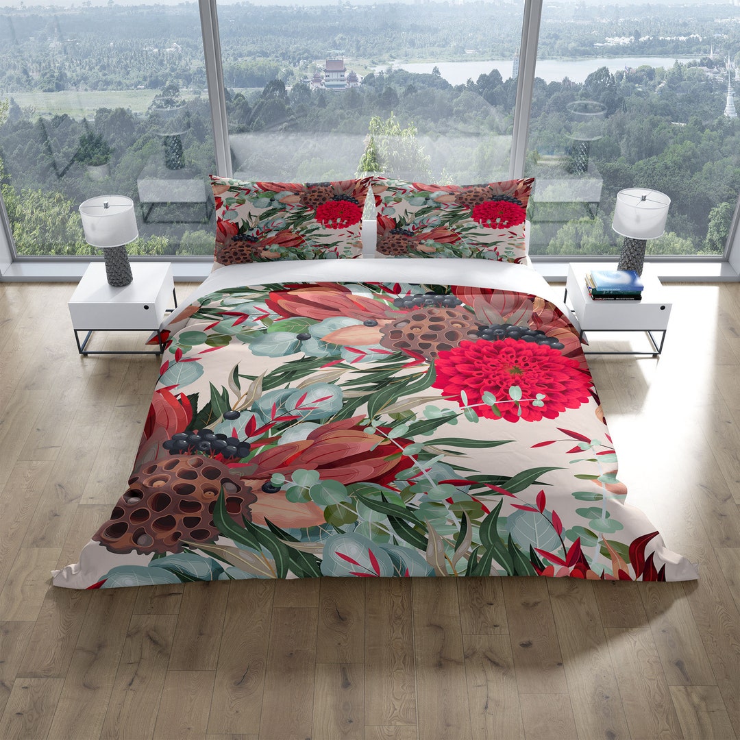 Dahlia Rosebud Blueberry Duvet Cover Set, Botanical Quilt Comforter ...