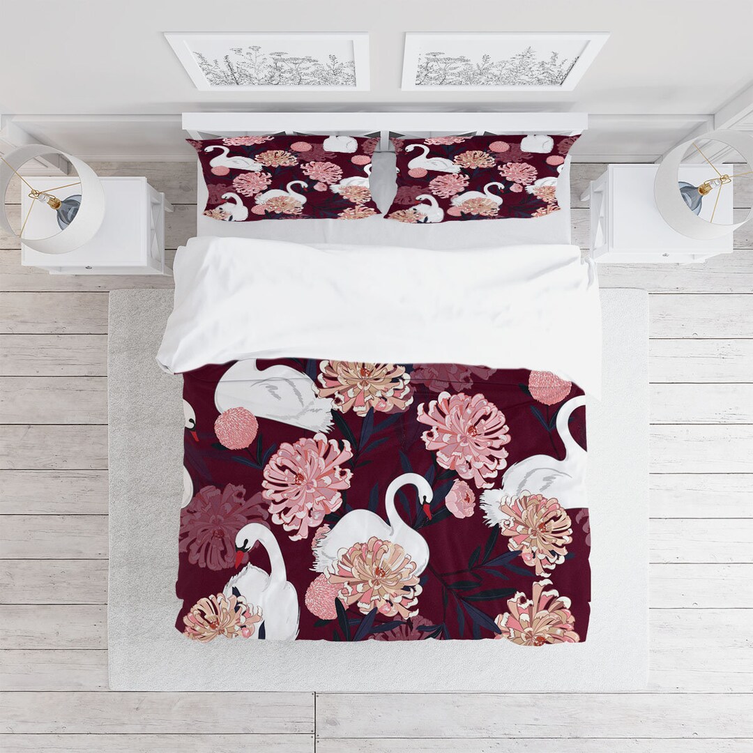 Chrysanthemum Swan Duvet Cover Set With Pillowcases, Red Floral ...