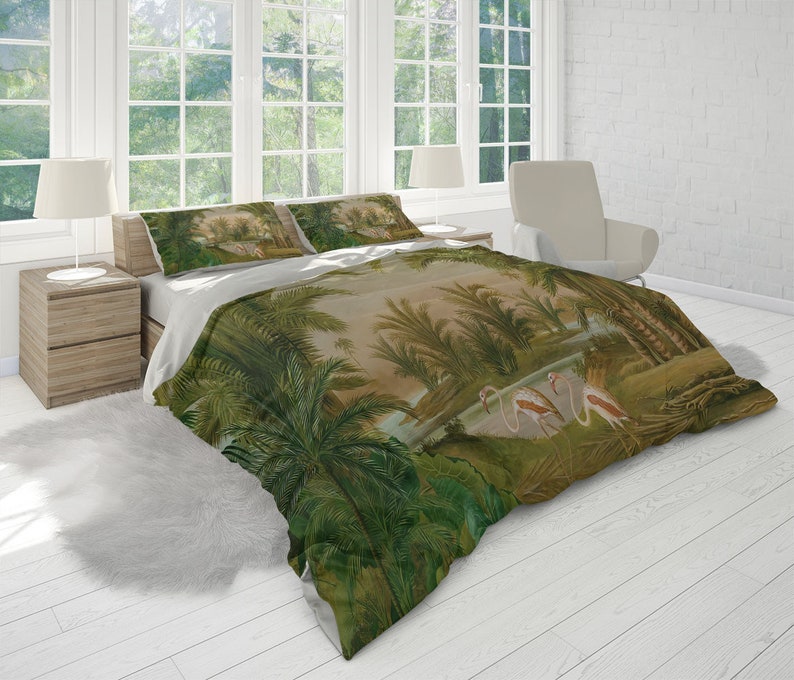 Palm Tree Duvet Cover Set With Pillowcases, Jungle Forest Green Quilt ...