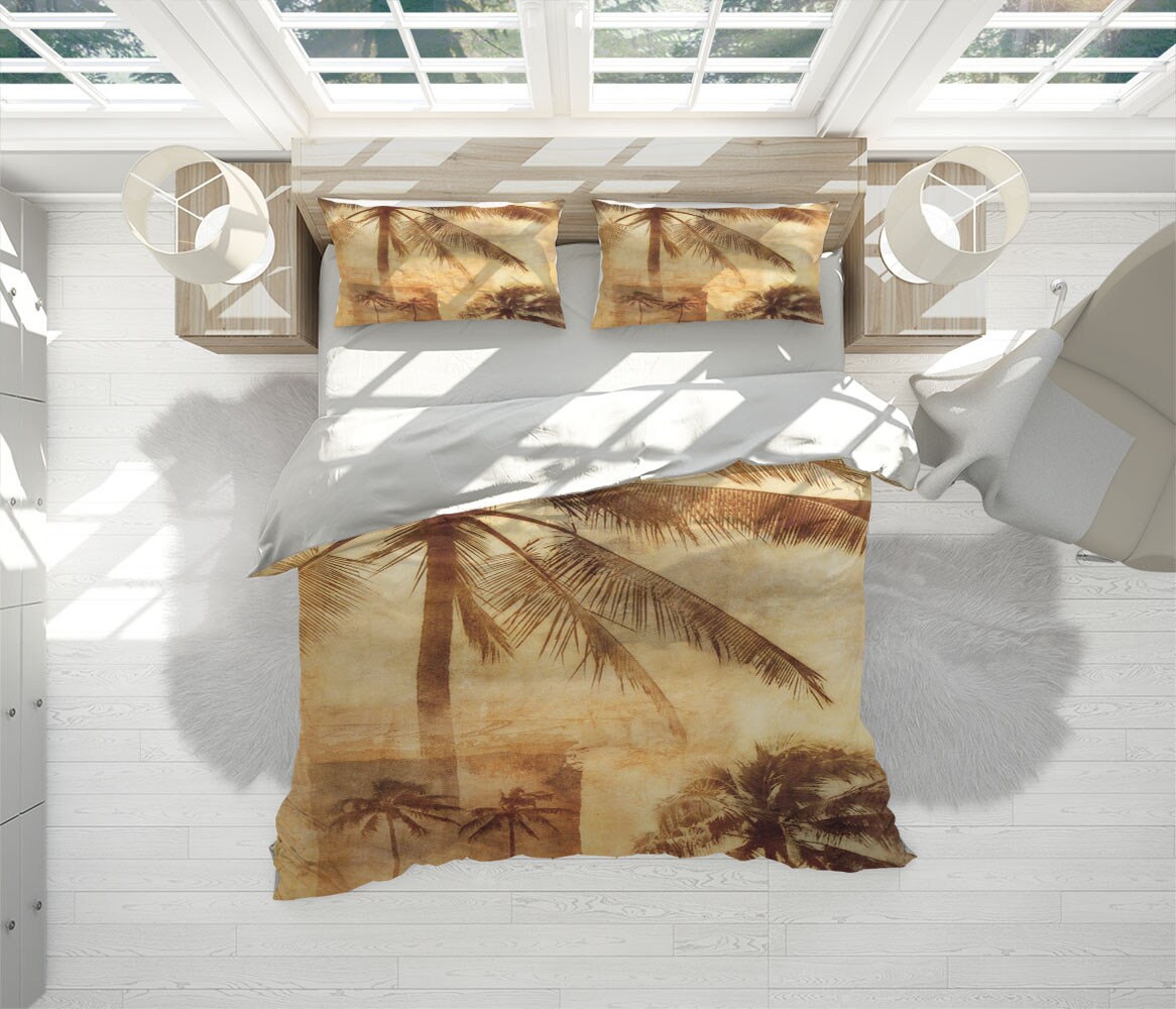 Palm Trees Duvet Cover Set With Pillowcases, Contemporary Art Brown ...