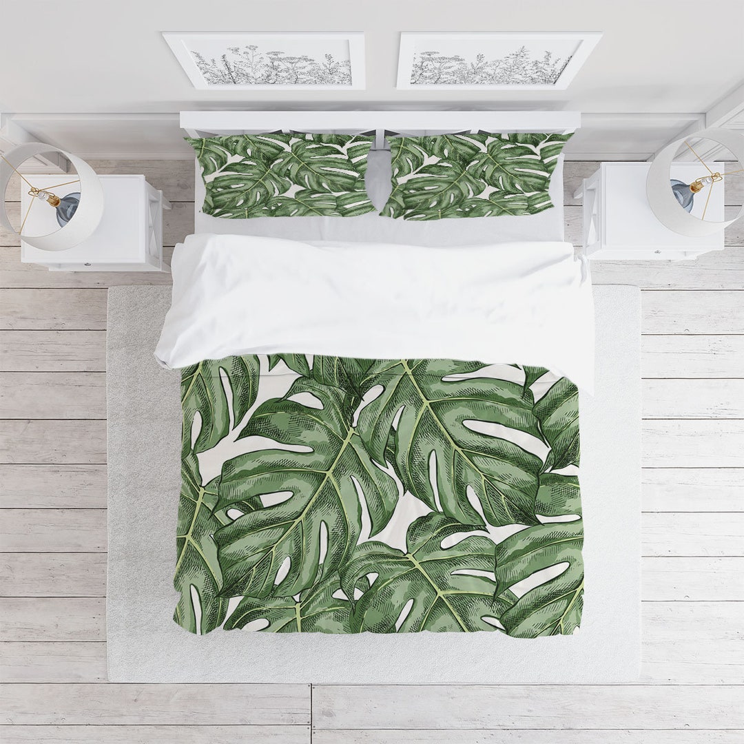 Monstera Leaves Duvet Cover Set With Pillowcases, Green Floral Leaves ...