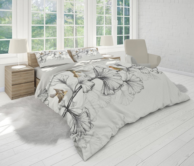 Ginkgo Bird Duvet Cover Set With Pillowcases, Leaves Floral Black and ...