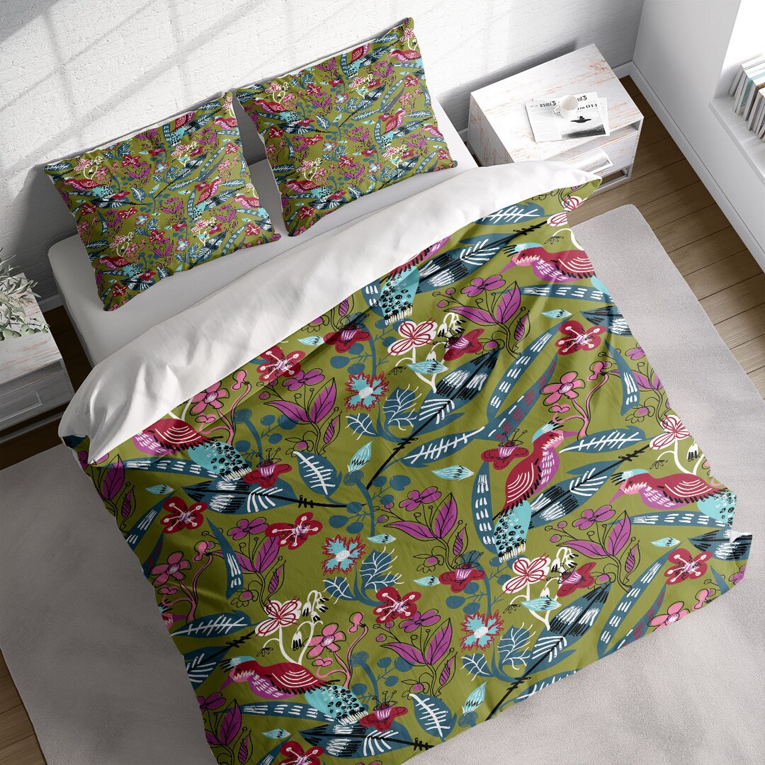 Flower Bird Drawings Duvet Cover Set, Botanical Quilt Cover, Comforter ...