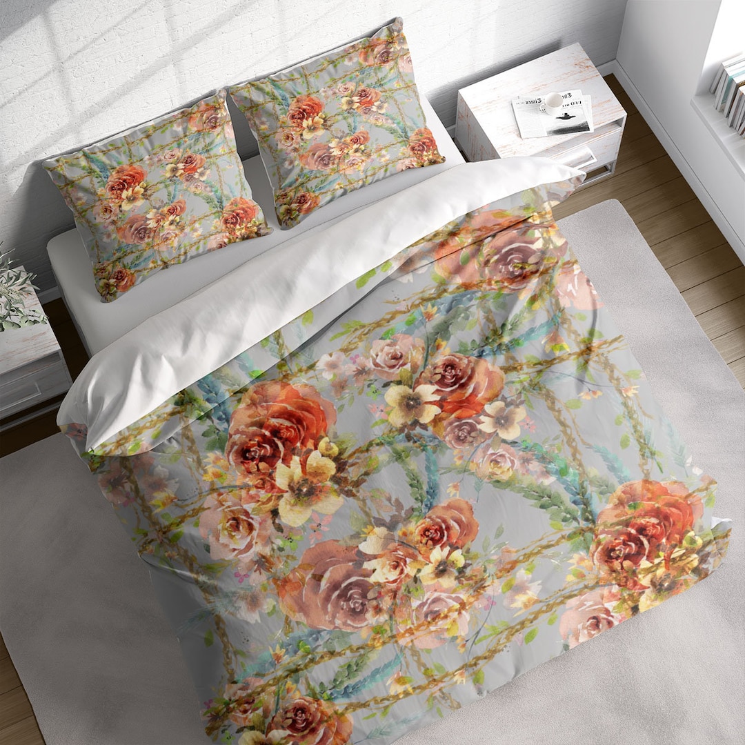 Vine Garden Rose Duvet Cover Set With Pillowcases, Red Floral Patterns ...