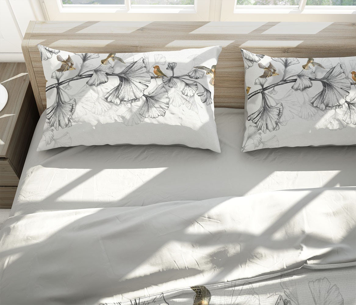 Ginkgo Bird Duvet Cover Set With Pillowcases, Leaves Floral Black and ...