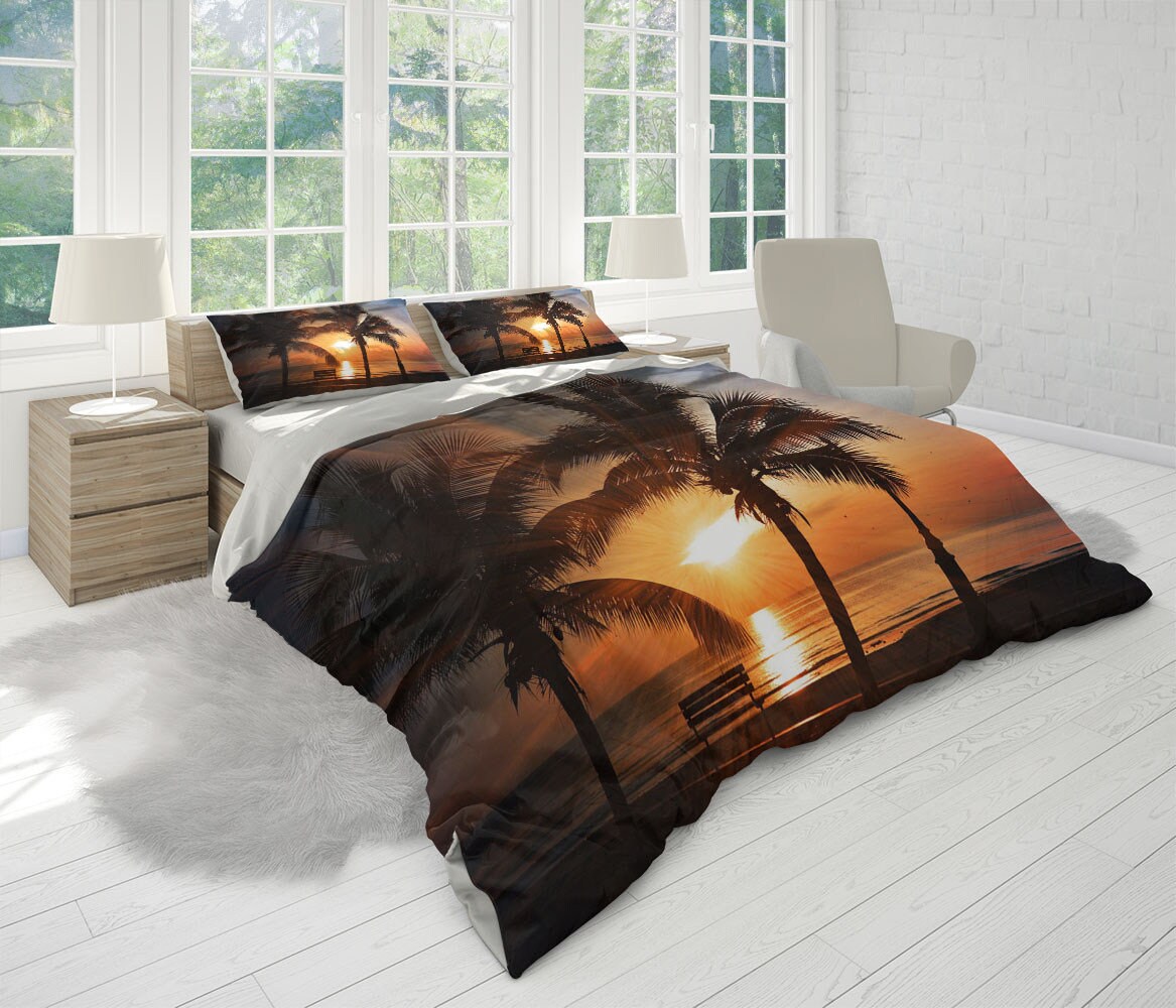 Coconut Tree Duvet Cover Set With Pillowcases, Sunrise & Sunset Beach ...