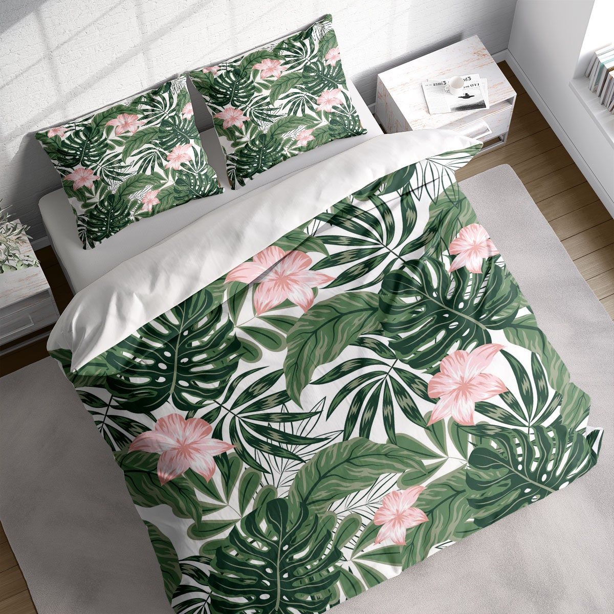 Monstera Banana Leaves Duvet Cover Set With Pillowcases, Green Floral ...
