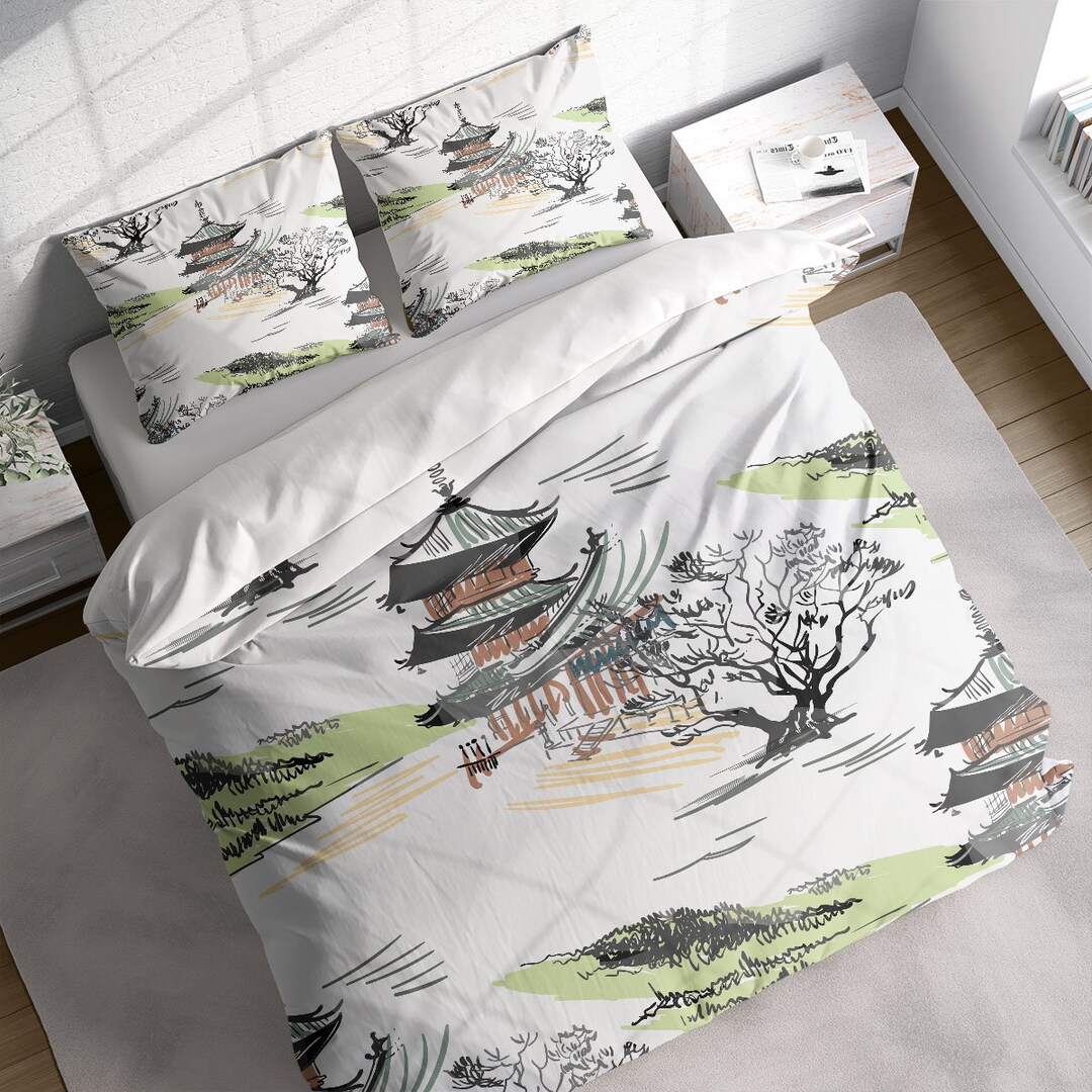 Temple Tree Hillside Duvet Cover Set, Asian Japanese Bedding Set ...