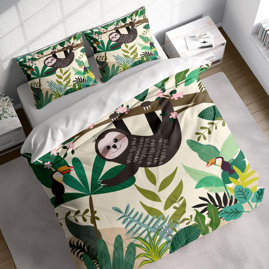 Cute Sloth Duvet Cover Set With Pillowcases, Green Kids Cartoon Quilt ...