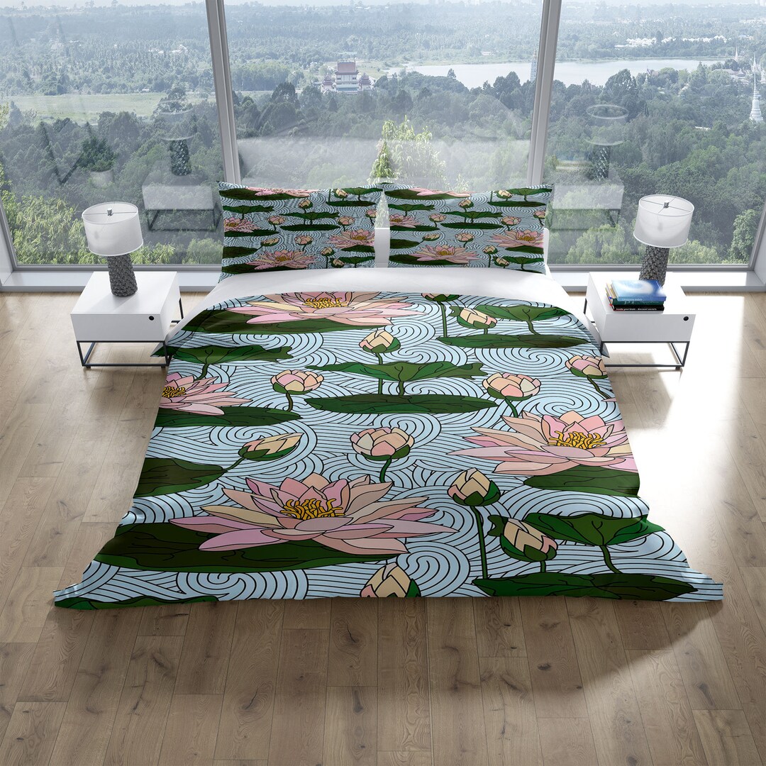 Lotus Pond Water Ripple Duvet Cover Set, Floral Bedding Set, Botanical ...
