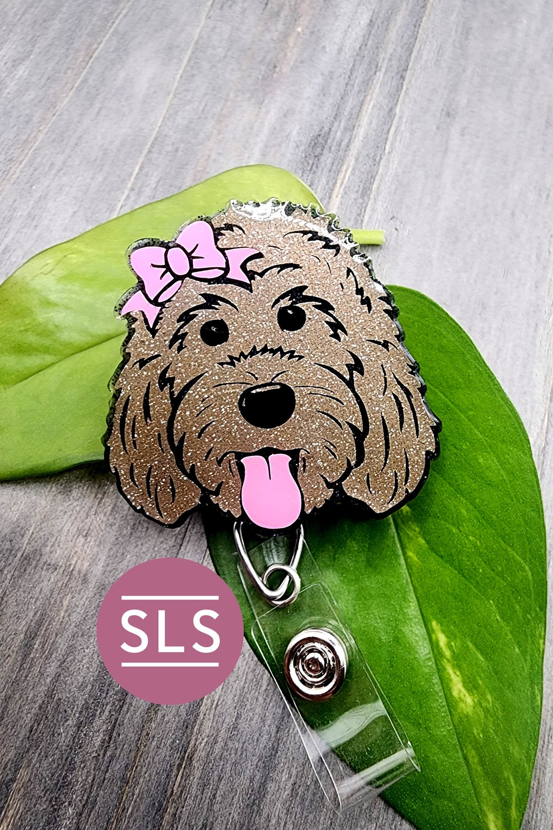 Brown Glitter Golden Doodle Retractable Badge Reel-doodle Dog Glitter ...