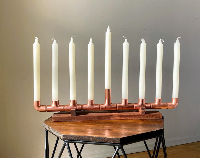 Copper Candle Holder // Menorah // Metal // Copper Pipe // Wood ...