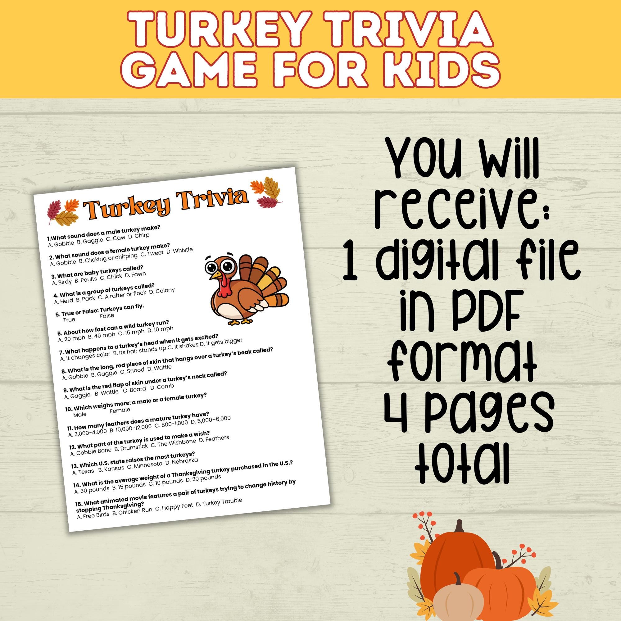 Turkey Trivia Activities Game Printable Thanksgiving Quiz Family ...