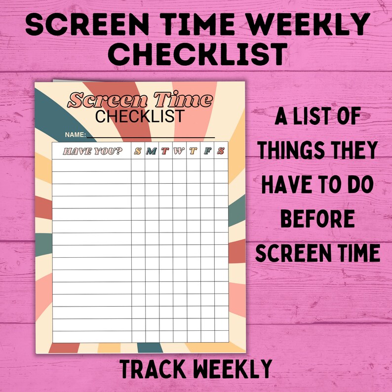 Chore Chart for Kids | Weekly Screen Time Chart | Weekly Checklist for ...