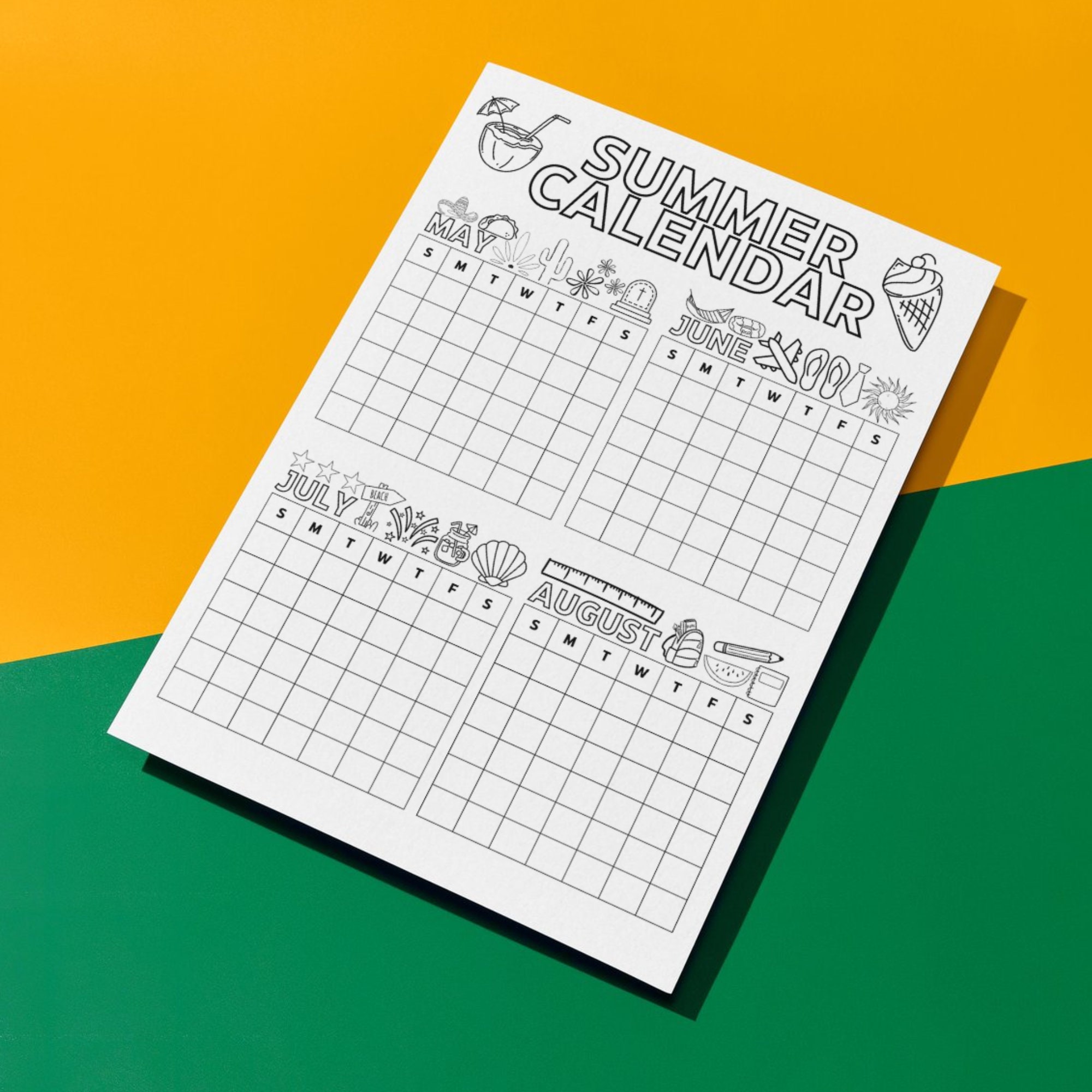 Summer Poster Calendar for Kids and Family Summer Calendar Summer ...