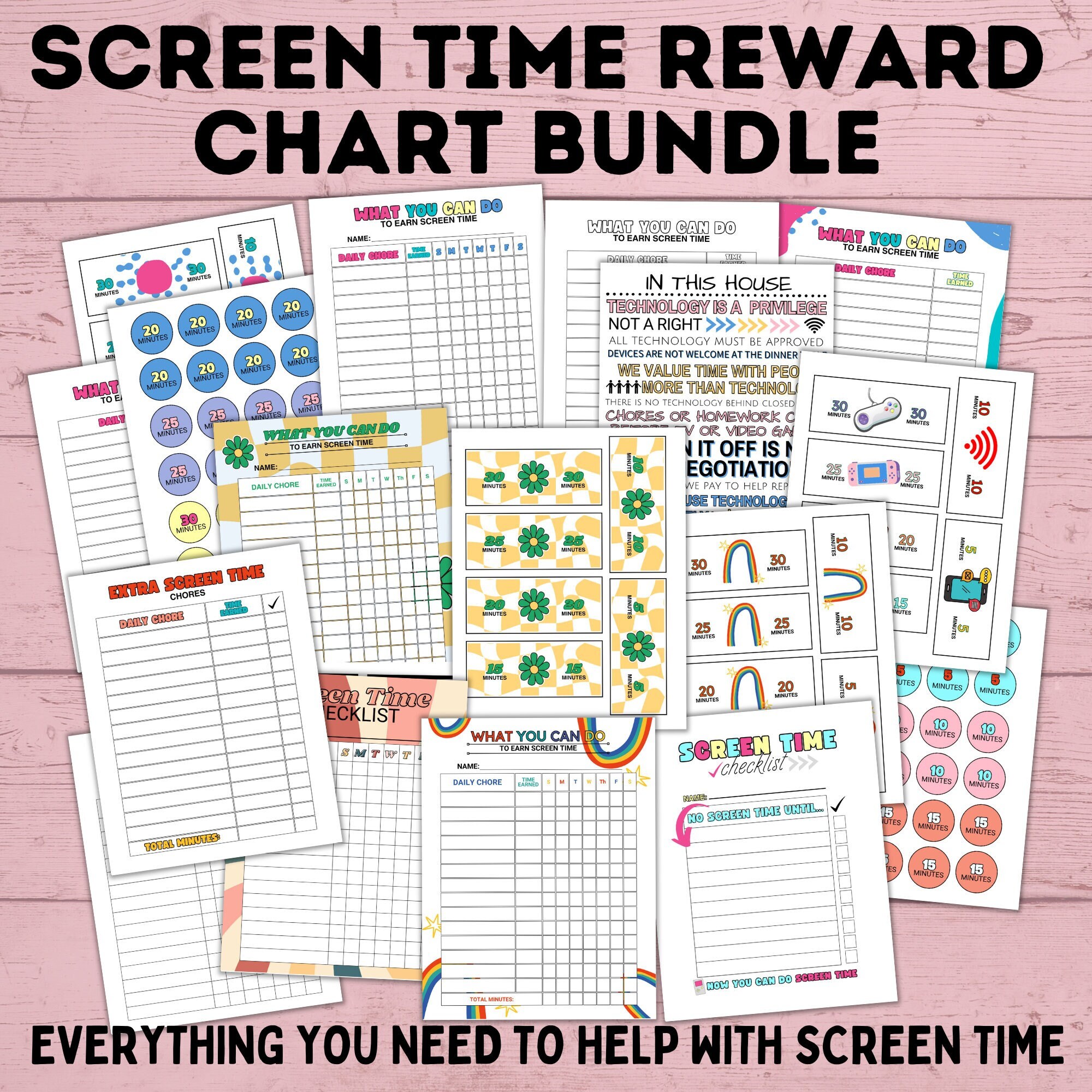 Screen Time Reward Chart Bundle | Kids Chore Chart | Kids Checklist ...