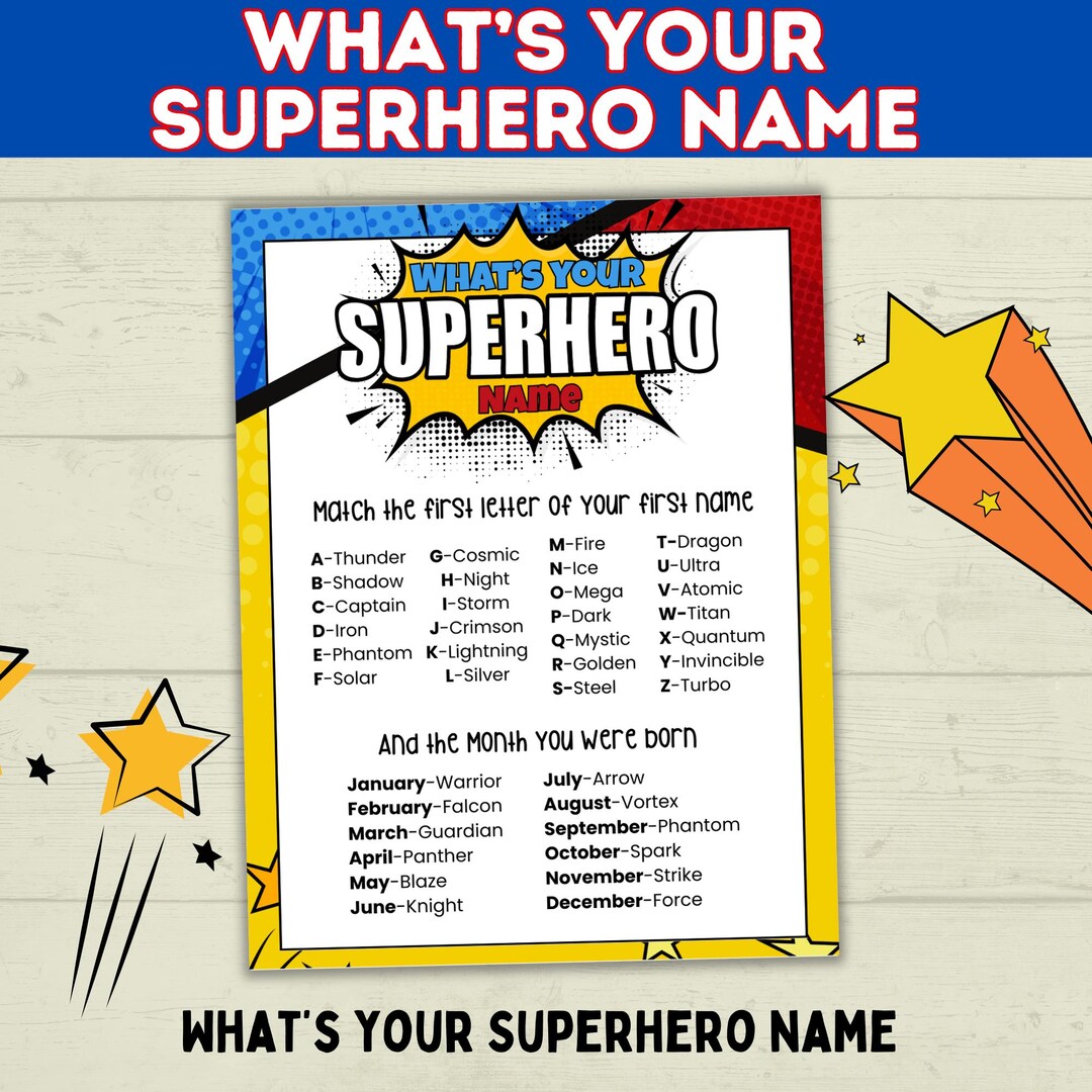 What's Your Superhero Name Game Printable, Kids Birthday Party Activity ...