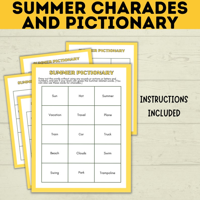 Summer Pictionary for Kids and Family | Summer Charades | Summer ...