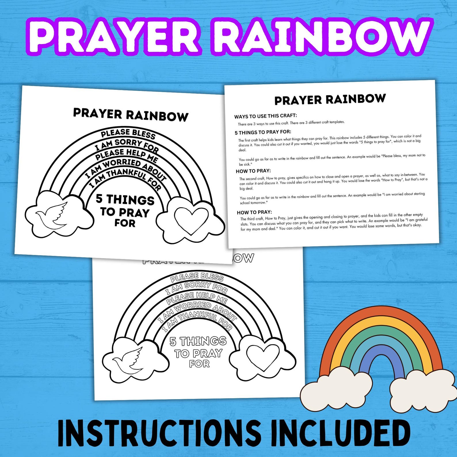 Kids Rainbow Prayer Craft Template, Bible Coloring Page, Activity Sheet ...