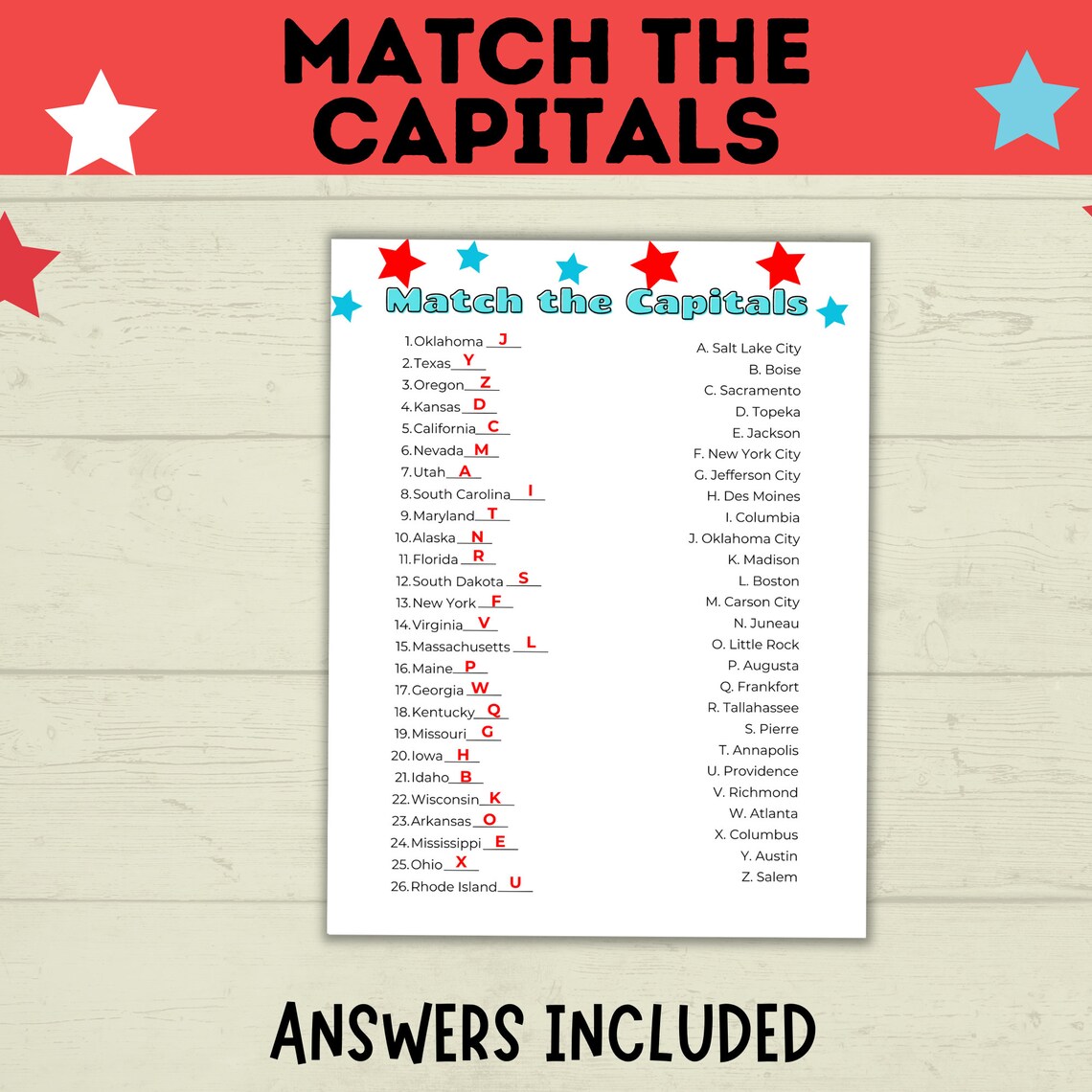 Match the State Capitals, Patriotic Trivia, Patriotic Game, USA Game ...