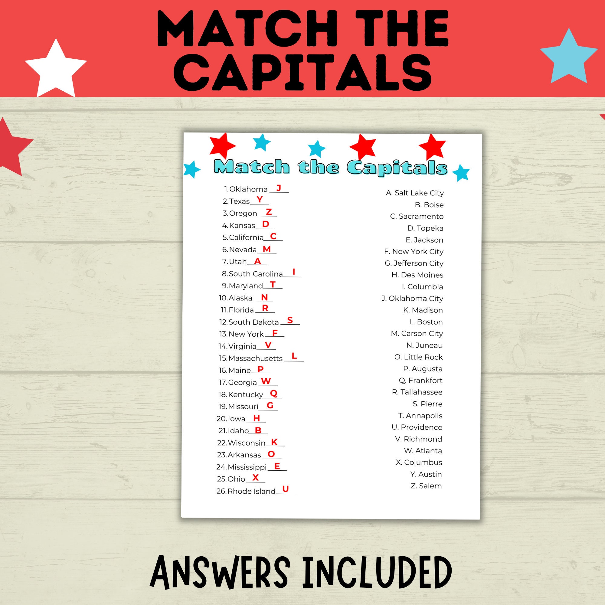 Match the Capitals Game | Party Game | History Game | 4th of July Game ...