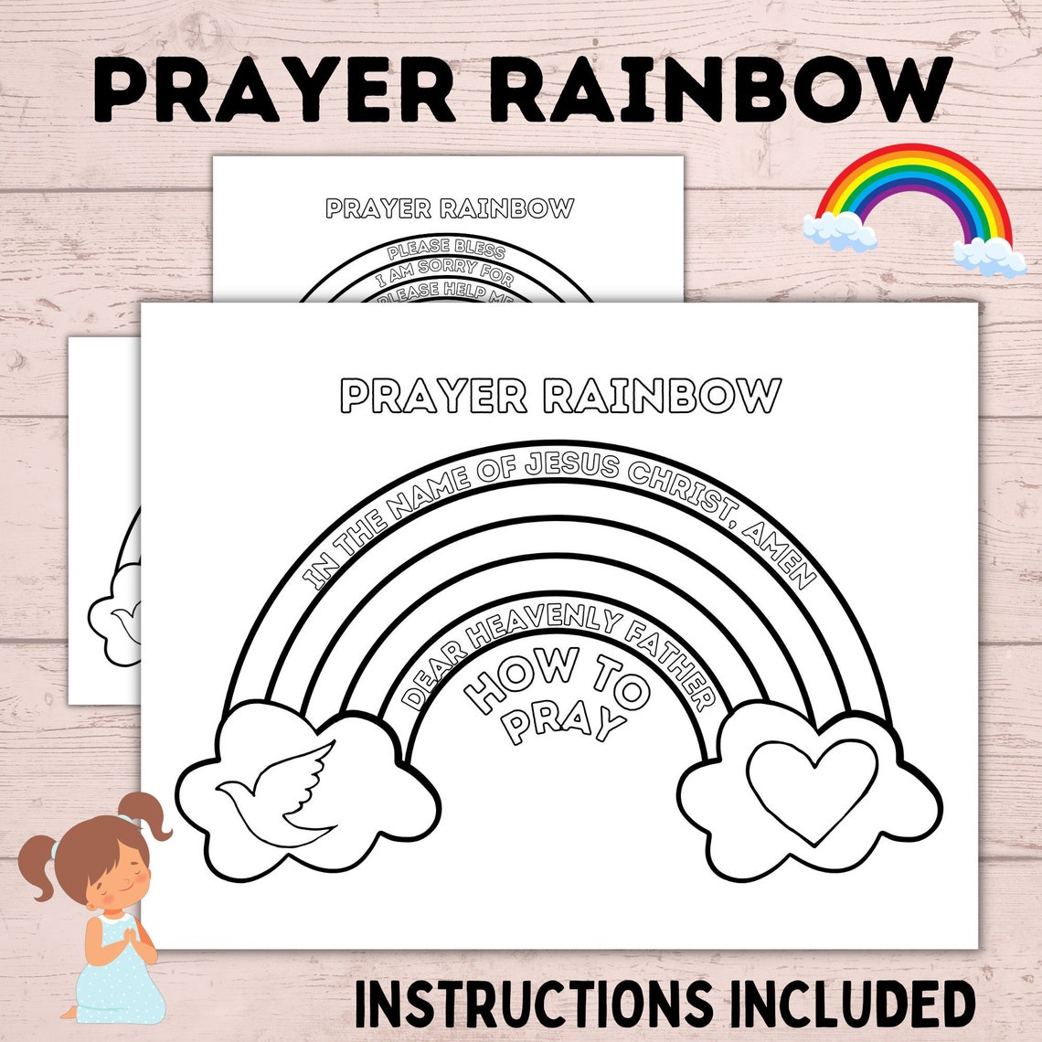 Kids Rainbow Prayer Craft Template, Bible Coloring Page, Activity Sheet ...