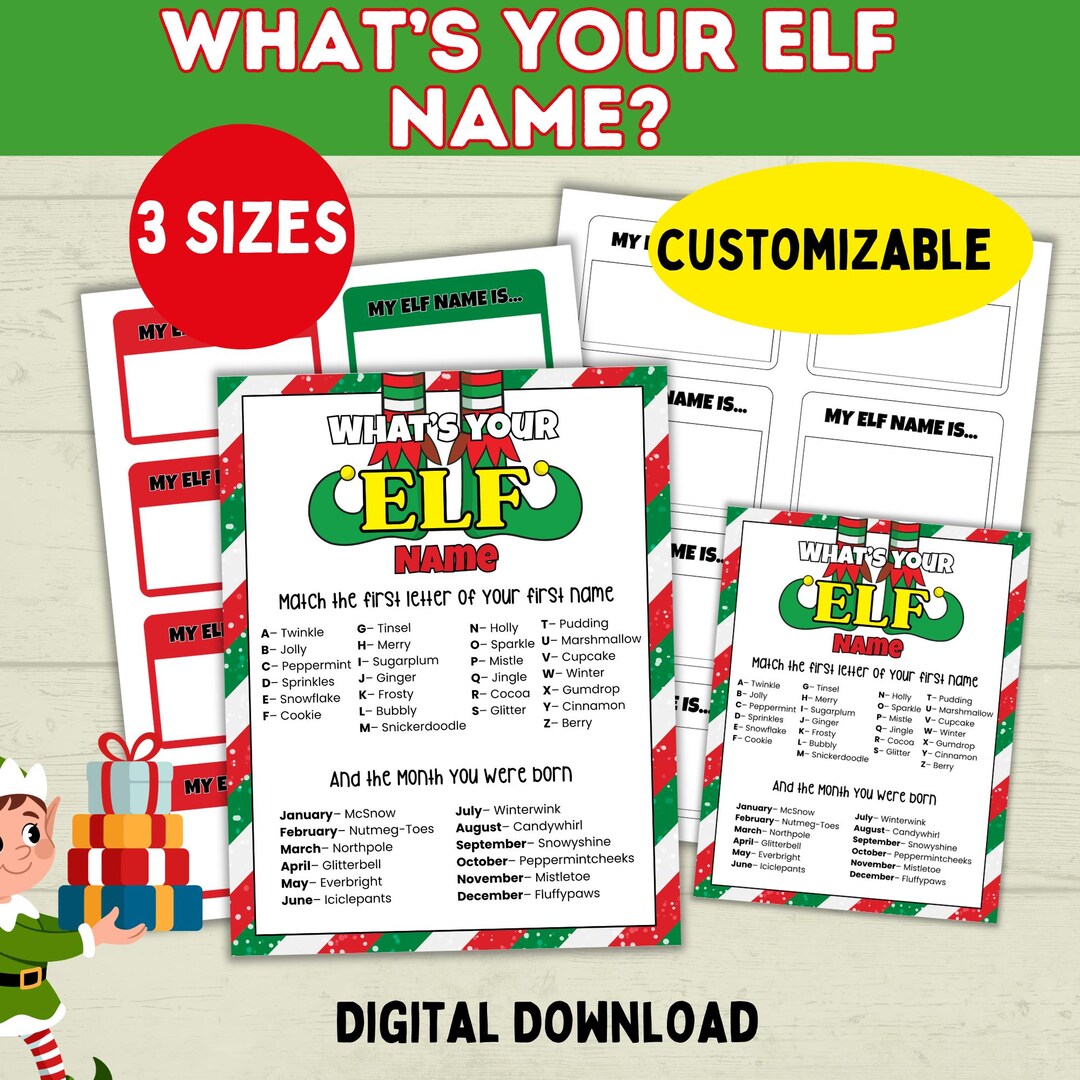 Elf Name Printable Party Game for Kids, Customizable PDF Digital ...