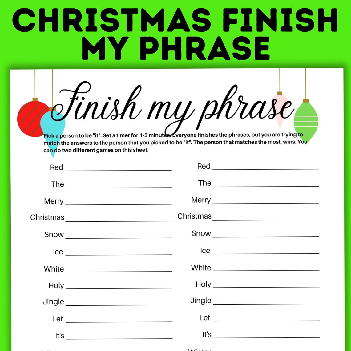 Christmas Finish My Phrase for Kids and Family Printable Party Match ...