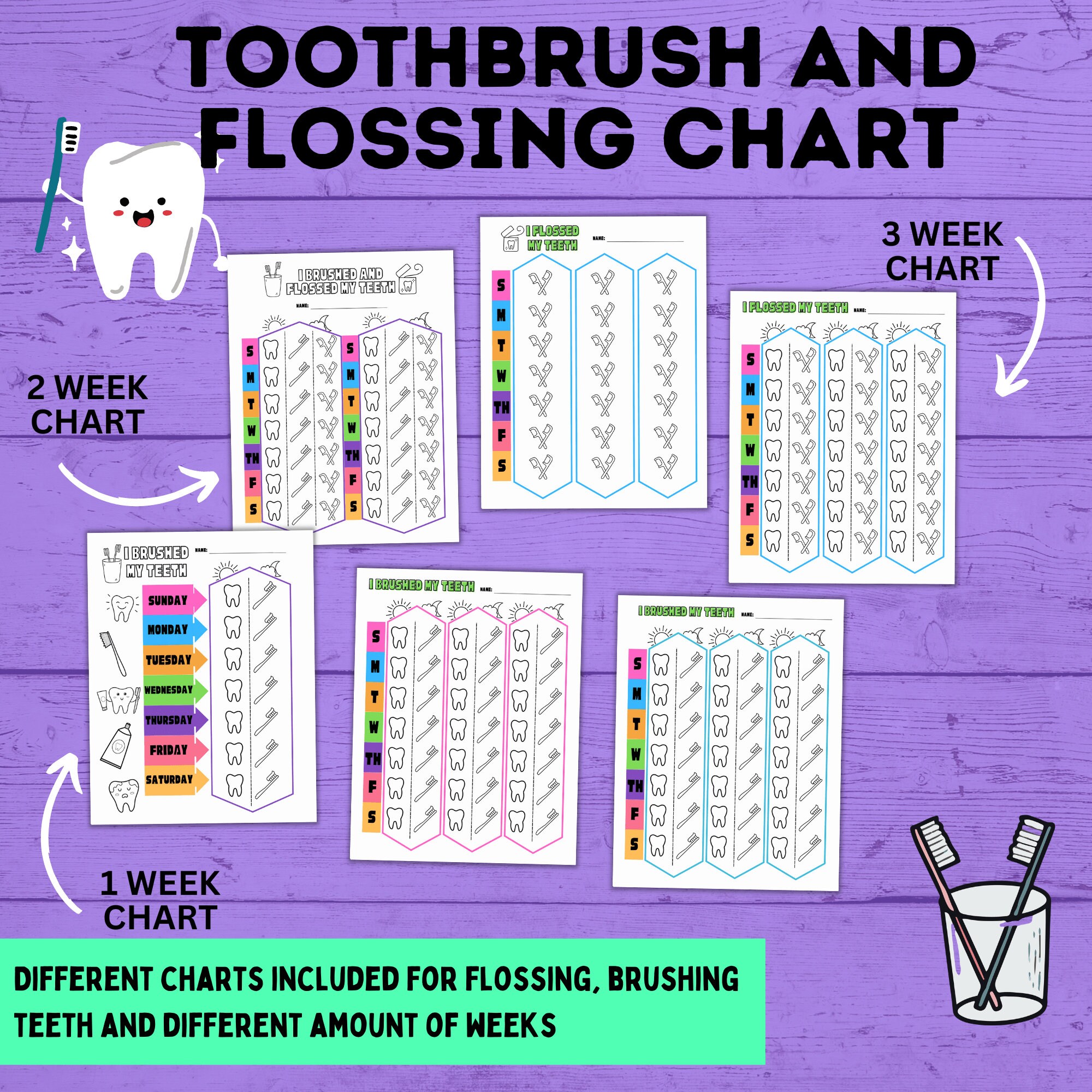 Toothbrush Chart for Kids | Flossing Chart | Brushing Teeth Reward ...