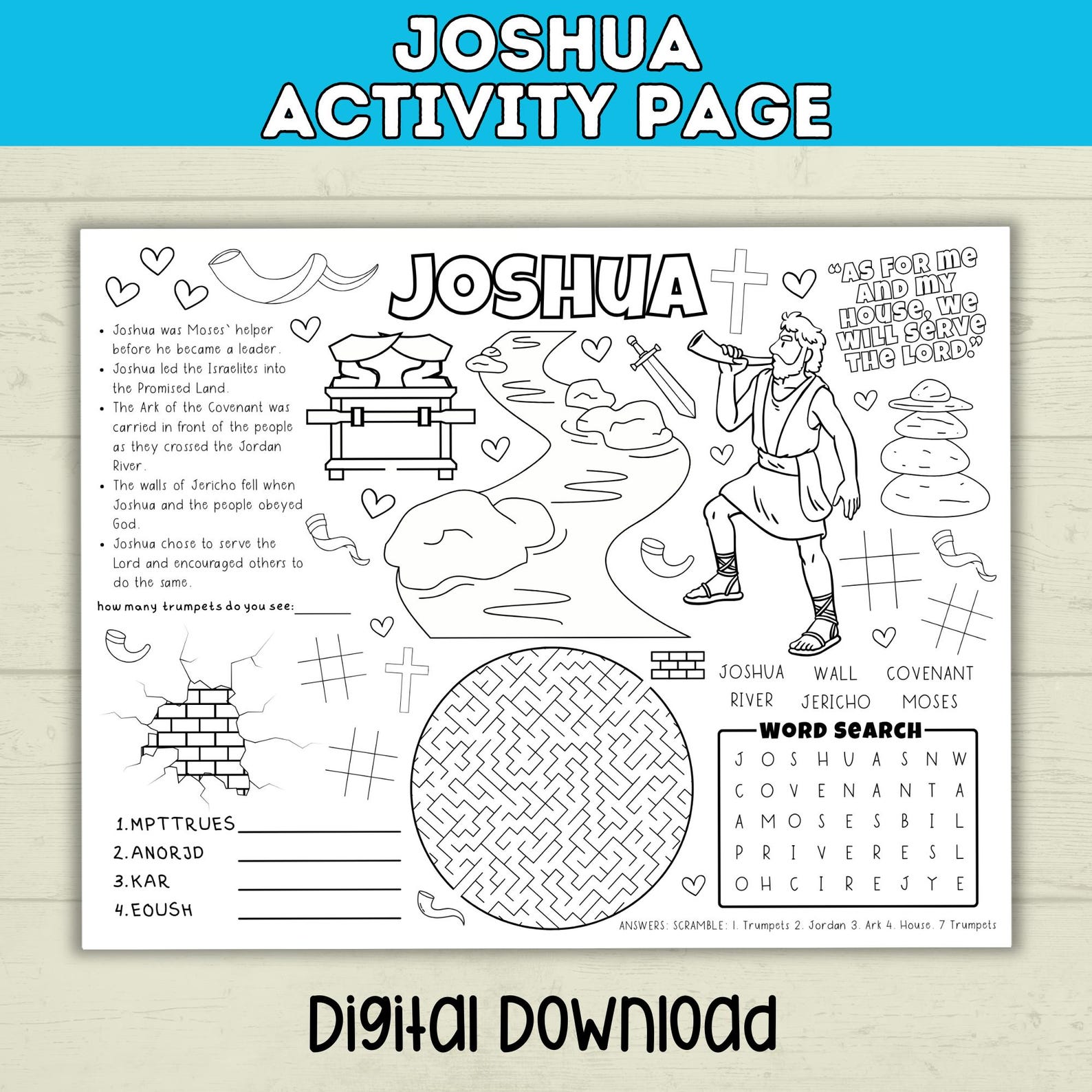 Joshua Kids Bible Character Activity Page, Coloring Sunday School ...